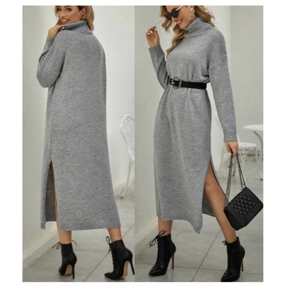 Dresses | Gray Knit Turtleneck Side Slit Long Sweater Dress Tunic | Poshmark